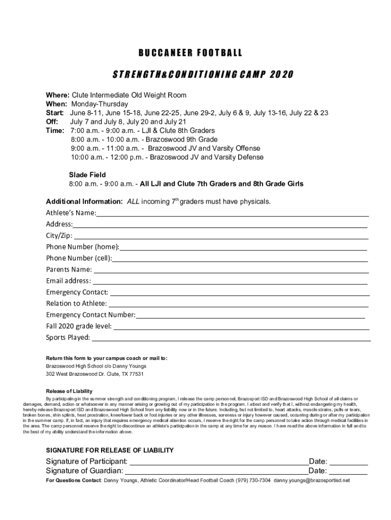 Fillable Online S T R E N G T H & C O N D I T I O N I N G C A M P 2 0 2 ...