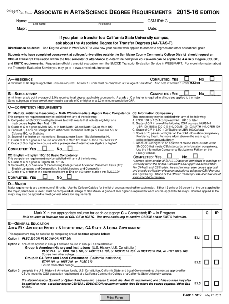 Fillable Online Associate of Science (AS) / Associate of Arts (AA) Degree ... Fax Email Print ...