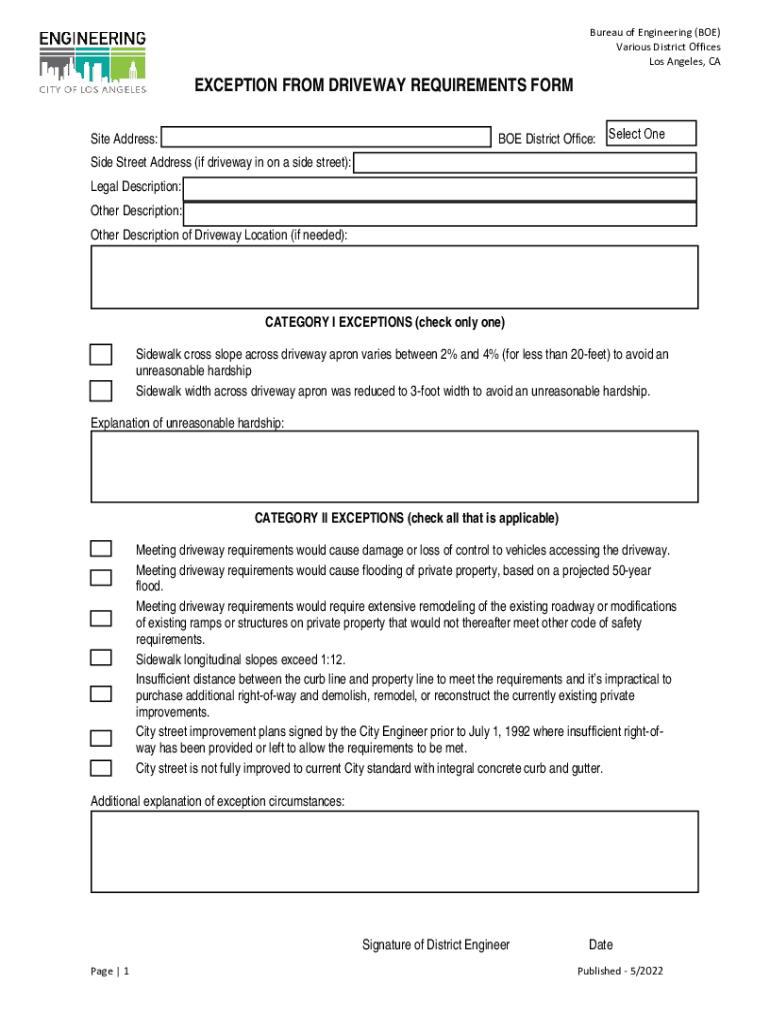 Fillable Online EXCEPTION FROM DRIVEWAY REQUIREMENTS FORM Fax Email Print - pdfFiller