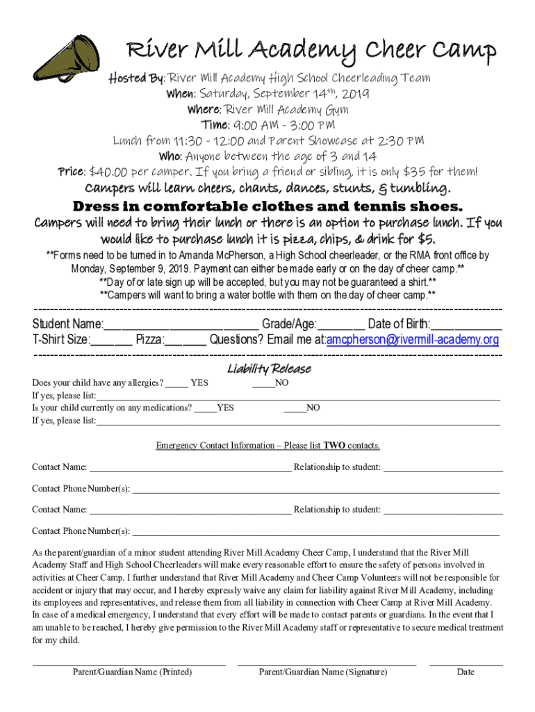 Fillable Online River Mill Academy Cheerleading and Dance - Graham, NC ...