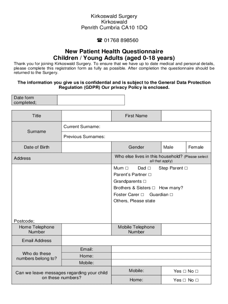 Fillable Online New Patient Health Questionnaire Children / Young ...