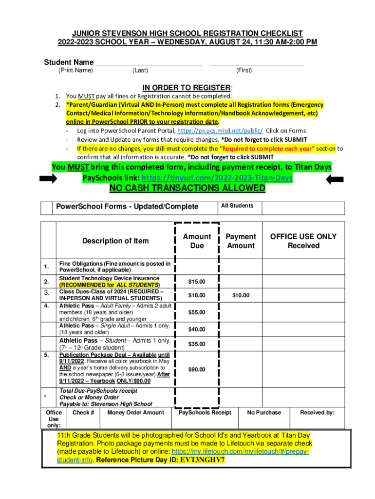 Fillable Online Stevenson High School Registration Check List Fax Email ...