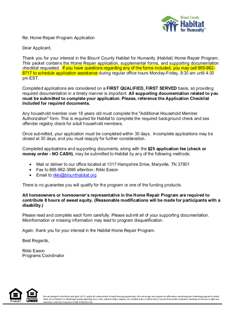 Fillable Online Re: Home Repair Program Application Fax Email Print ...