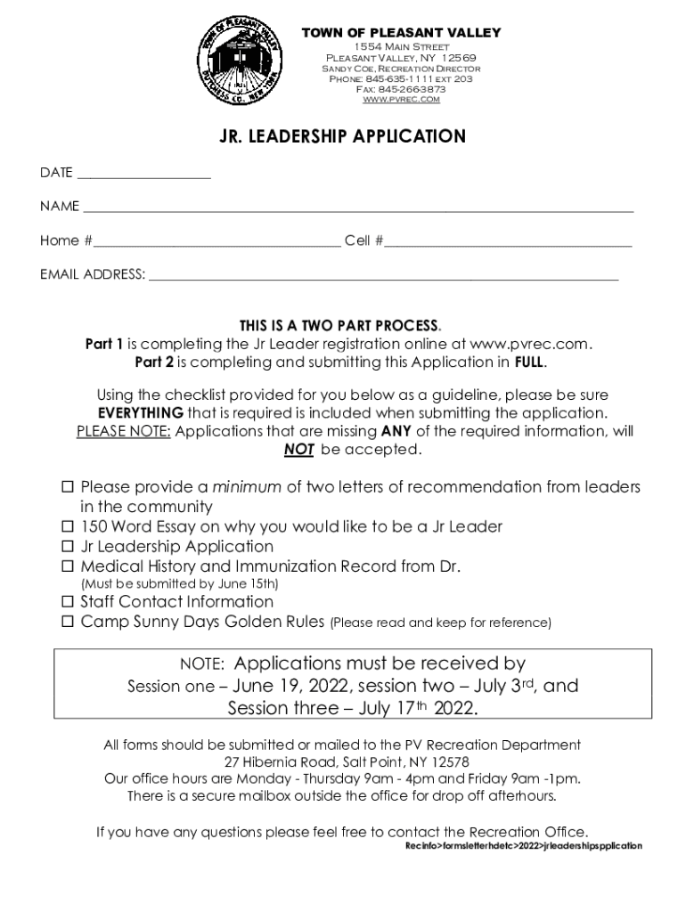 Fillable Online JR. LEADERSHIP APPLICATION NOTE Fax Email Print - pdfFiller
