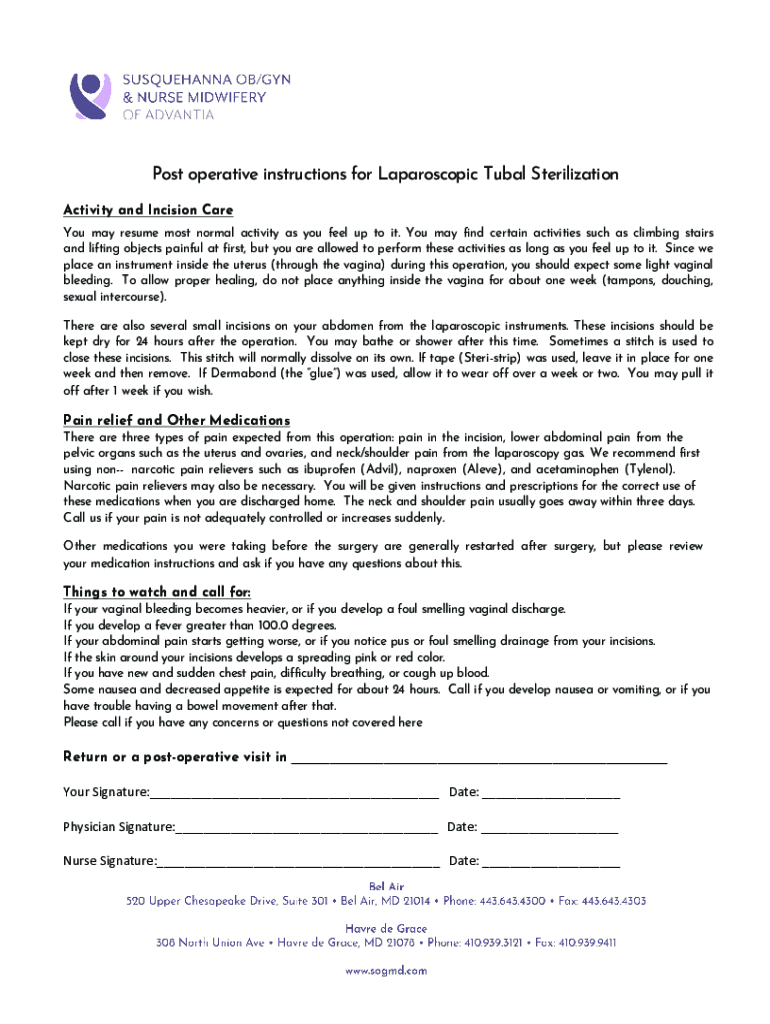 Fillable Online Tubal Ligation: What to Expect at Home - MyHealth ...
