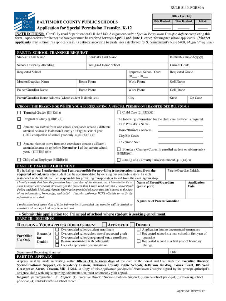 Baltimore County Special Permission Transfer Form - Blank Fillable ...