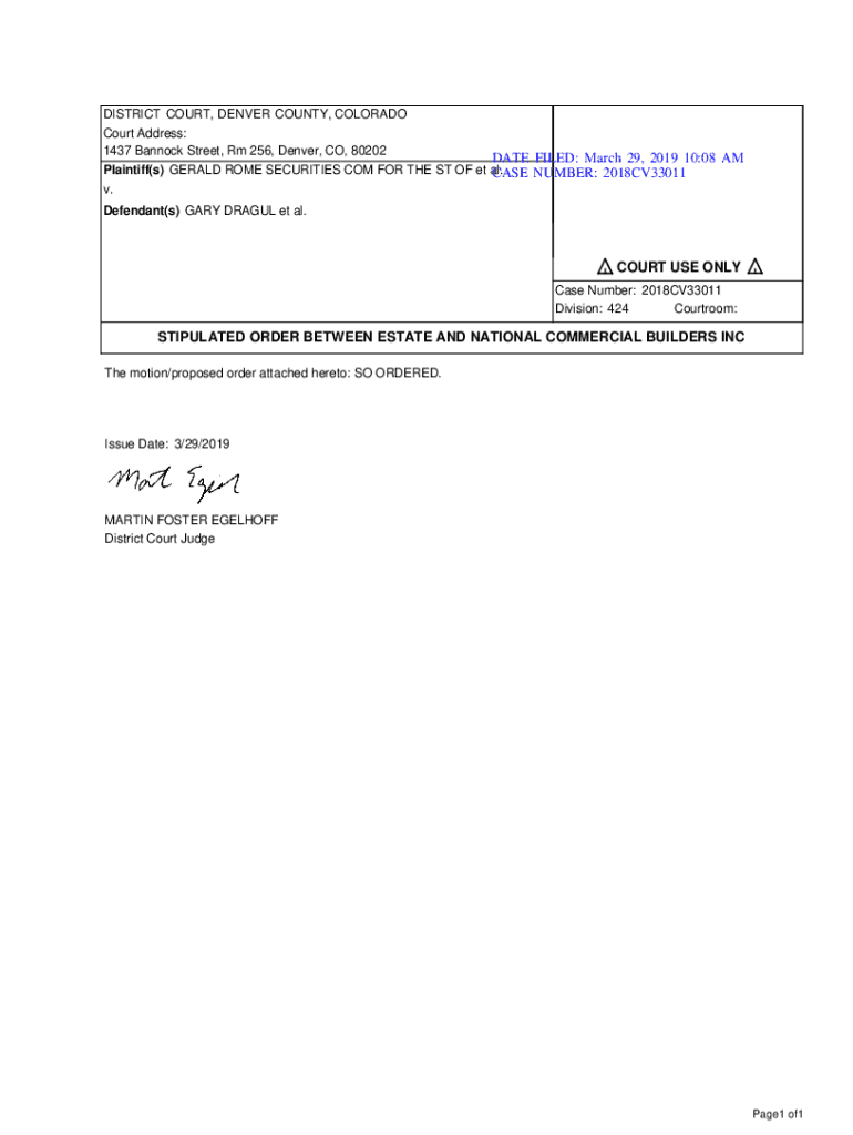 Fillable Online stipulated order between estate and national commercial ... Fax Email Print ...