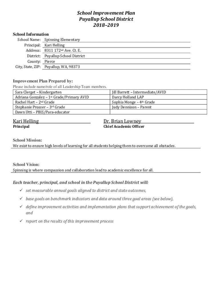 Fillable Online Kari Helling Dr. Brian Lowney School Improvement Plan ...