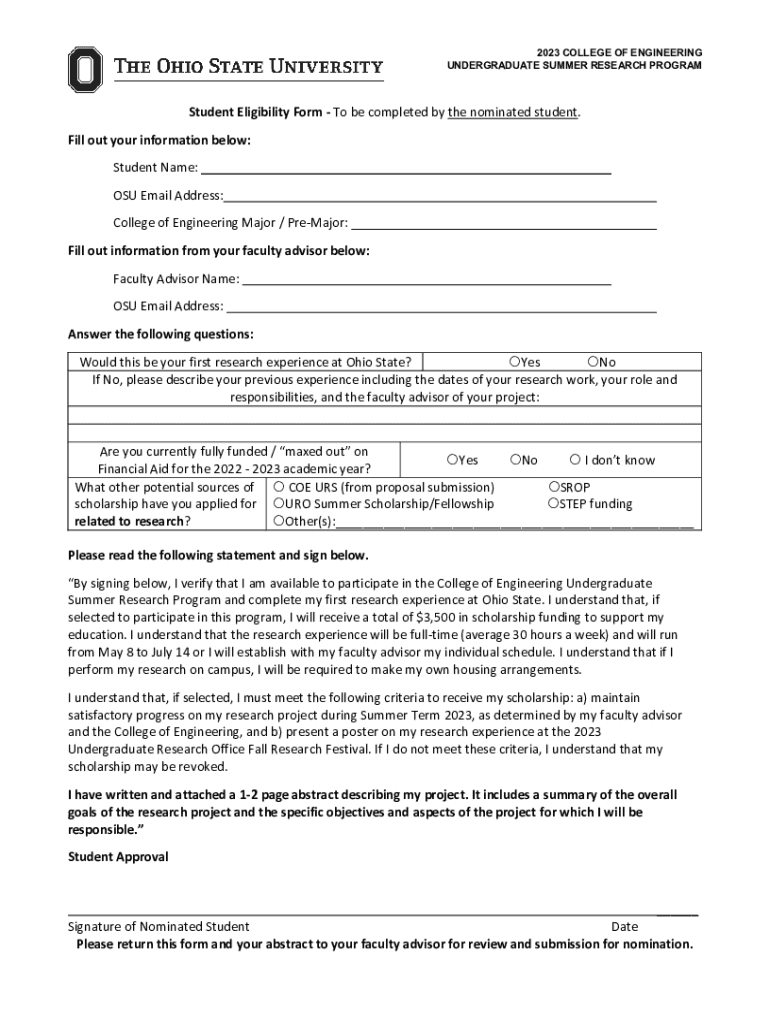 Fillable Online advising engineering osu Student Eligibility Form - To be completed by the ...