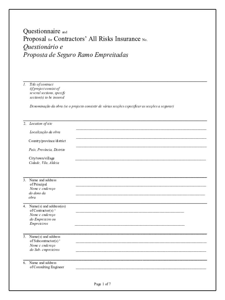 Preenchível Disponível Questionnaire and Proposal for Contractors' All ...