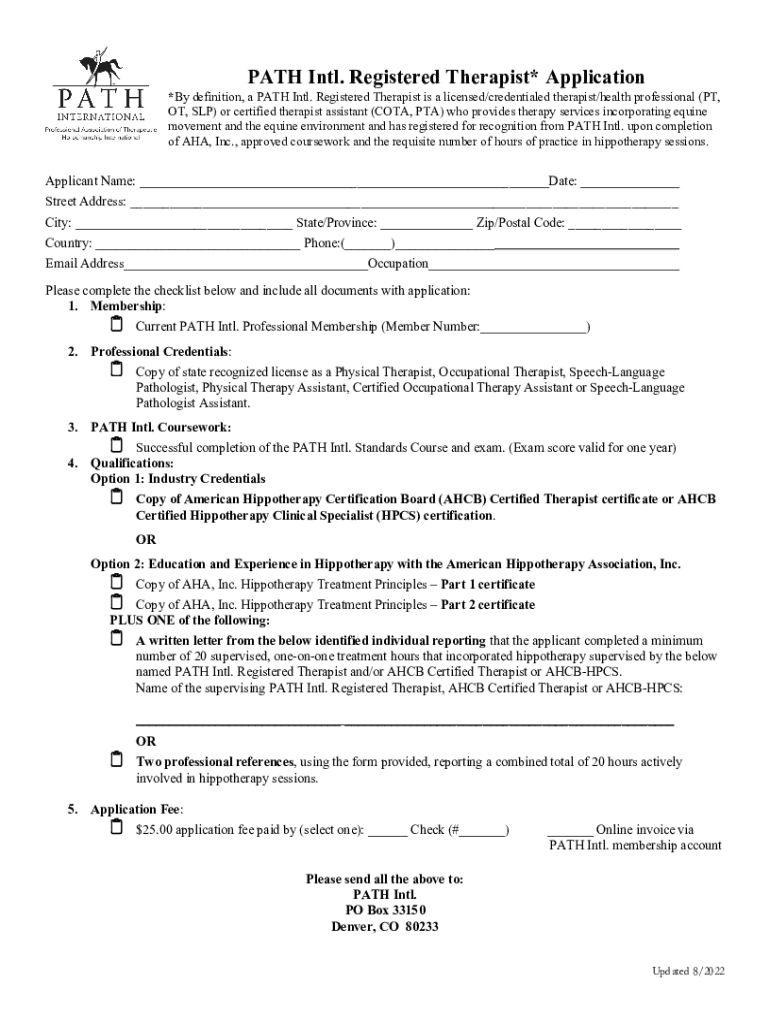 Fillable Online PATH Intl. Registered Therapist Application Fax Email ...