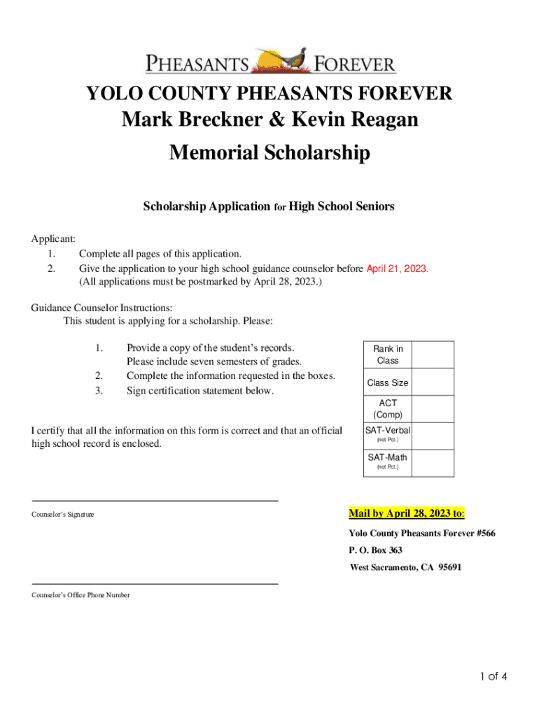 Fillable Online Mark Breckner & Kevin Reagan Memorial Scholarship Fax ...
