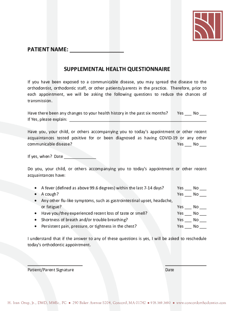 Fillable Online AAOIC Supplemental Health Questionnaire in North Aurora ...