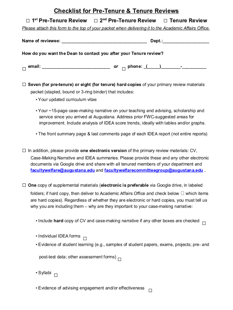 Fillable Online Portfolio Checklist: Pre-Tenure, Tenure, and/or ...