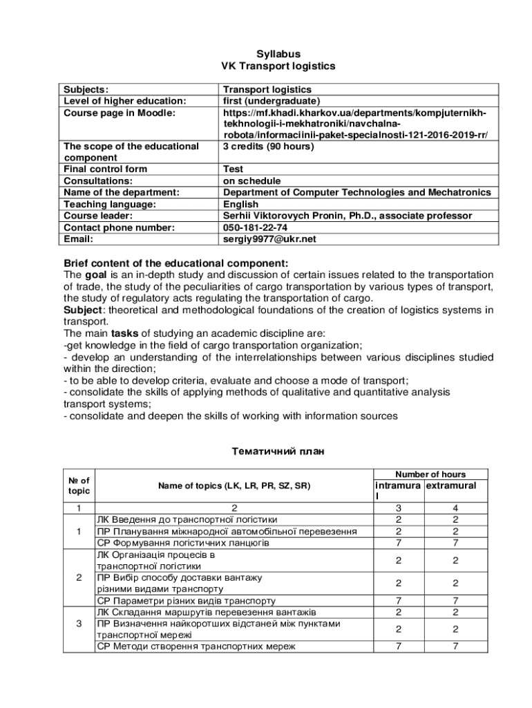 Fillable Online Syllabus VK Transport logistics Brief content of the ... Fax Email Print - pdfFiller