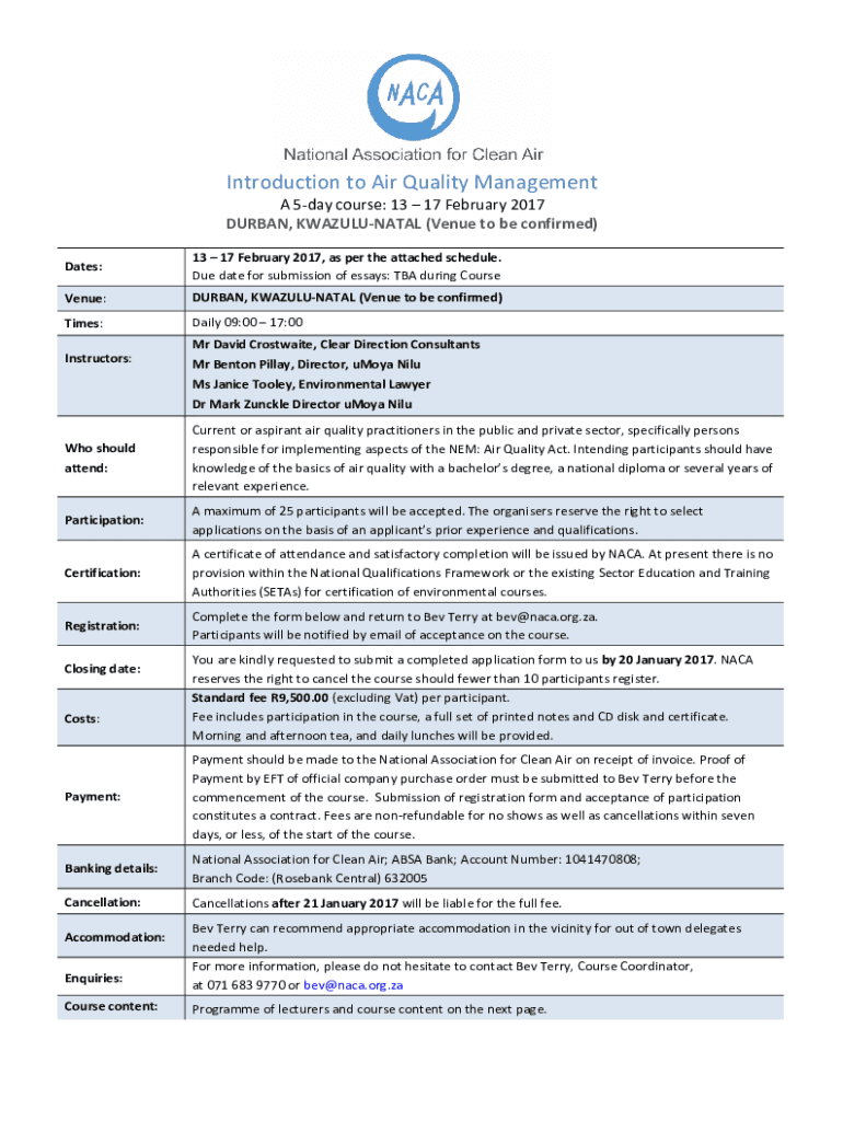 Fillable Online Introduction to Air Quality Management - A 5-day course ...