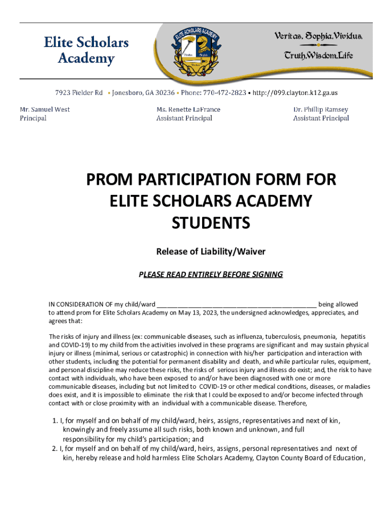Fillable Online Prom Participation Form for Elite Scholars Academy ...