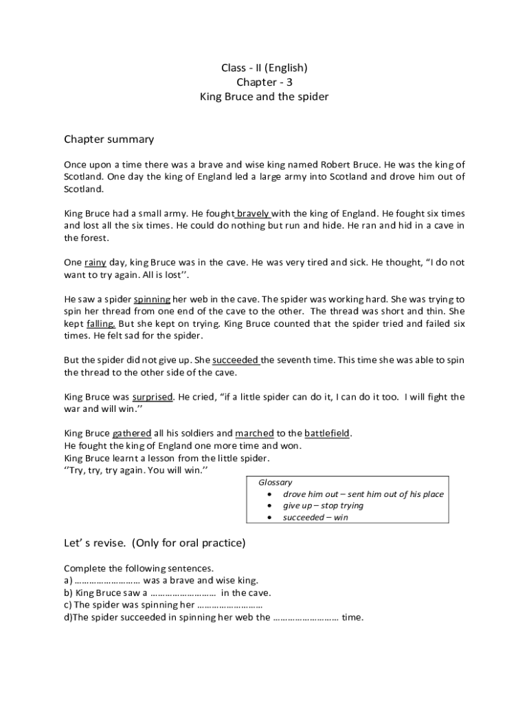 Fillable Online Class II (English) Chapter 3 King Bruce and the spider ...