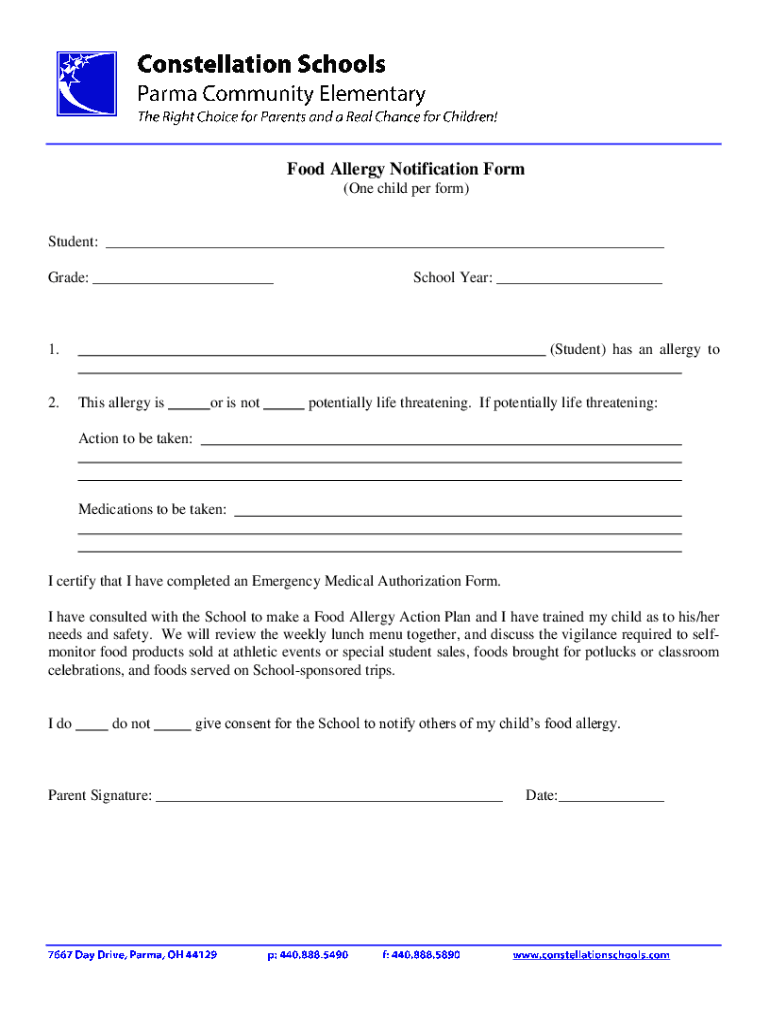 Fillable Online PCE Food Allergy Notification Form Fax Email Print ...