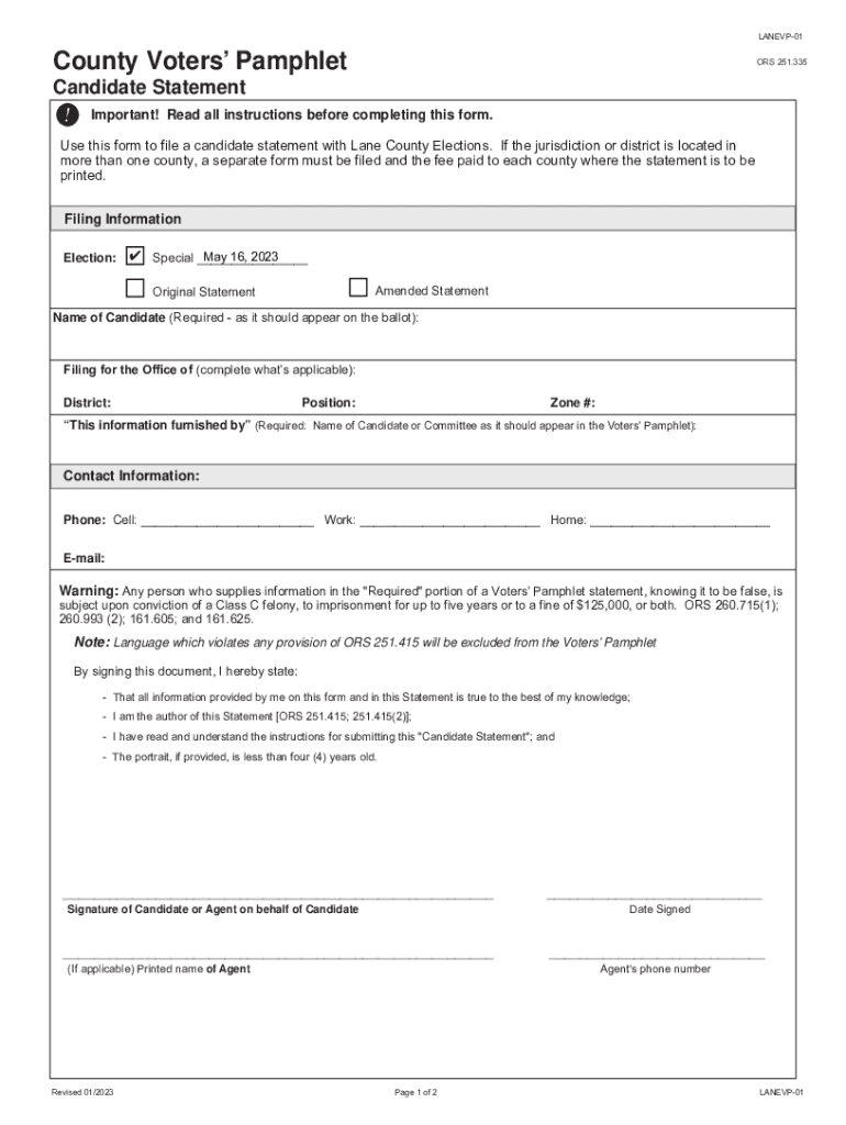 Fillable Online Lane County Voters' Pamphlet Candidate Statement ...