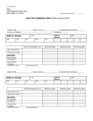 Fillable Online NILD TEST SUMMARY SHEET (WISC and WJ-III/IV) Fax Email ...