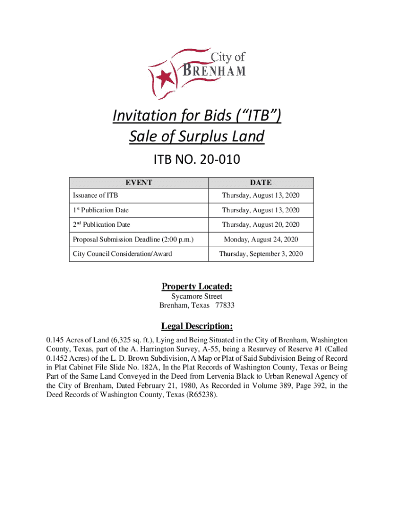 Fillable Online Invitation For Bids (ITB) - Sale of Surplus Land Fax Email Print - pdfFiller