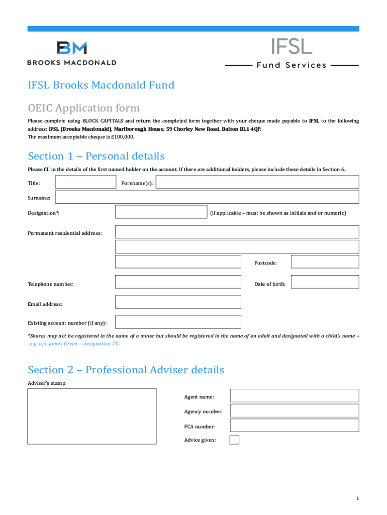 Fillable Online IFSL Brooks Macdonald Fund OEIC Application form ...