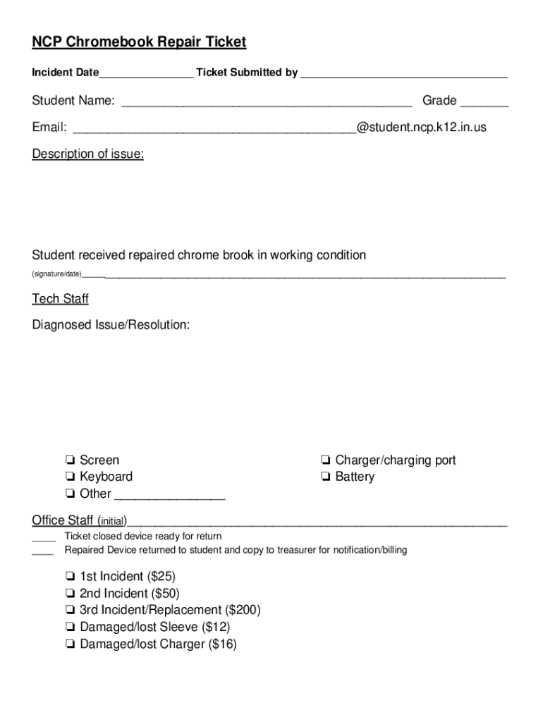 Fillable Online NCP Chromebook Repair Ticket Fax Email Print - pdfFiller