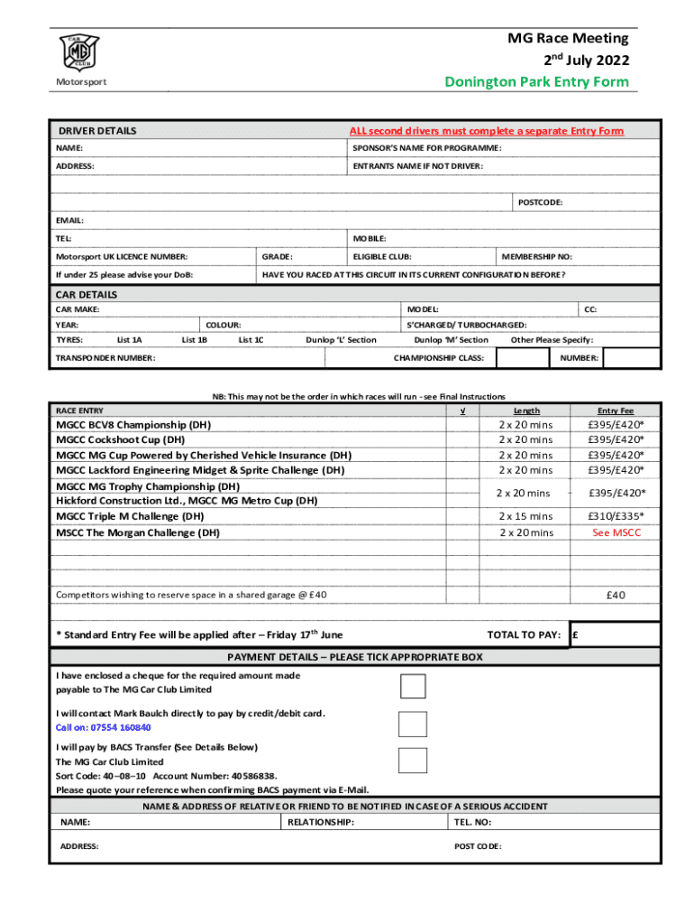 Fillable Online Donington Park Entry Form - Motorsport Fax Email Print - pdfFiller
