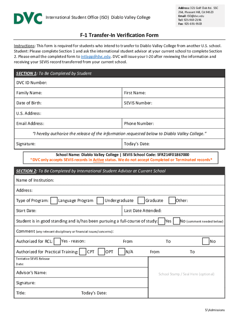 Fillable Online F-1 Transfer-In Verification Form Fax Email Print - pdfFiller