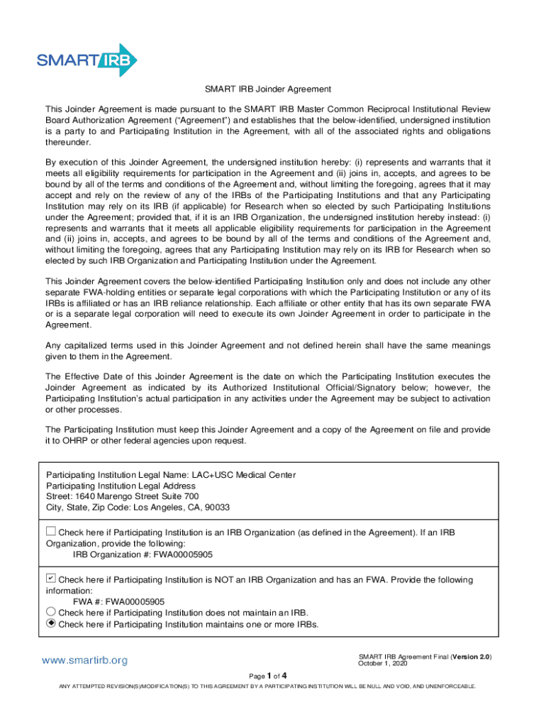 Fillable Online The SMART IRB Agreement Fax Email Print - pdfFiller