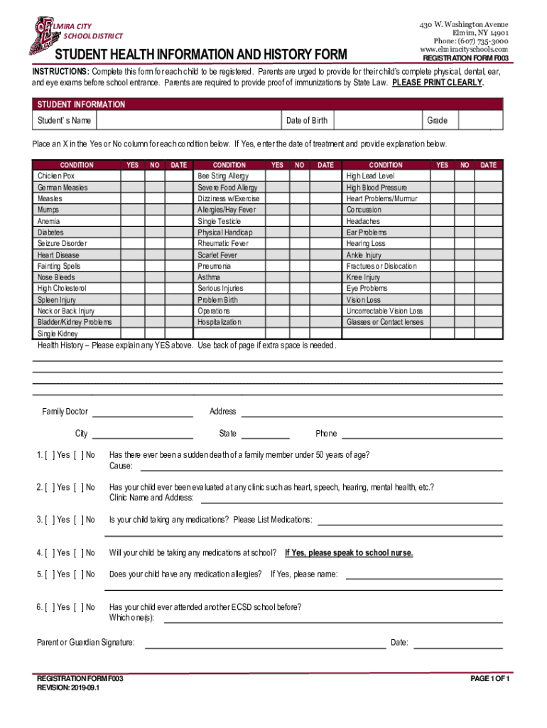 Fillable Online STUDENT HEALTH INFORMATION AND HISTORY FORM ...