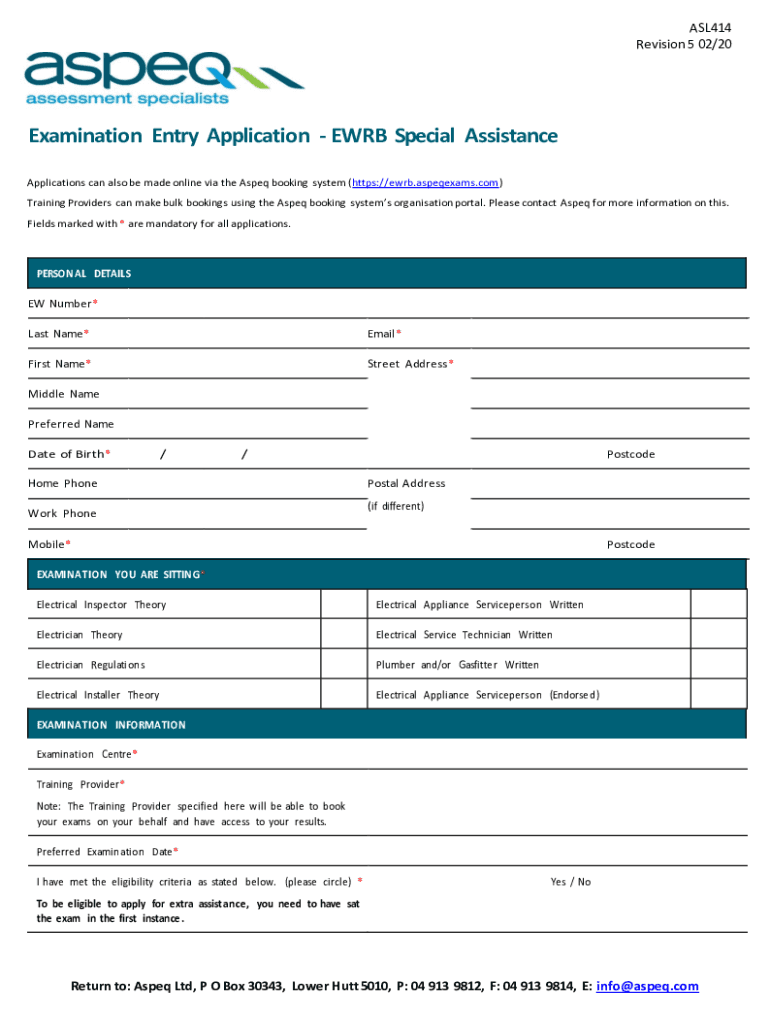 Fillable Online Examination Entry Application - EWRB Special Assistance ...
