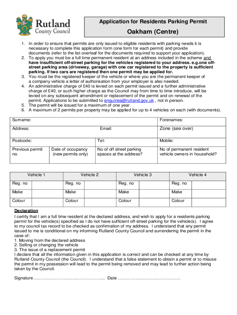 Fillable Online Application for Residents Parking Permit Oakham Zones D ...