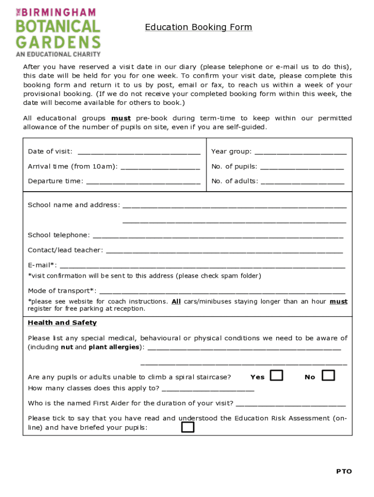 Fillable Online Educational Visit Booking Form Fax Email Print - pdfFiller