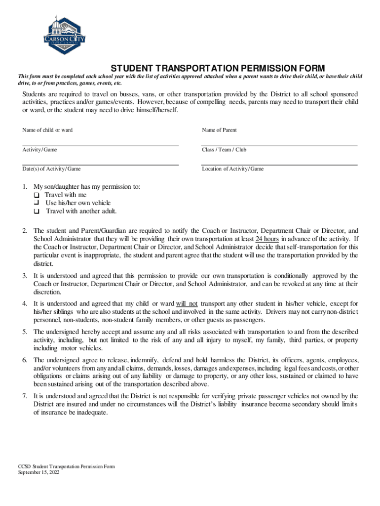 Fillable Online STUDENT TRANSPORTATION PERMISSION FORM Fax Email Print ...
