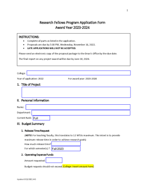 Fillable Online Research Fellows Program Application Form Award Year ...