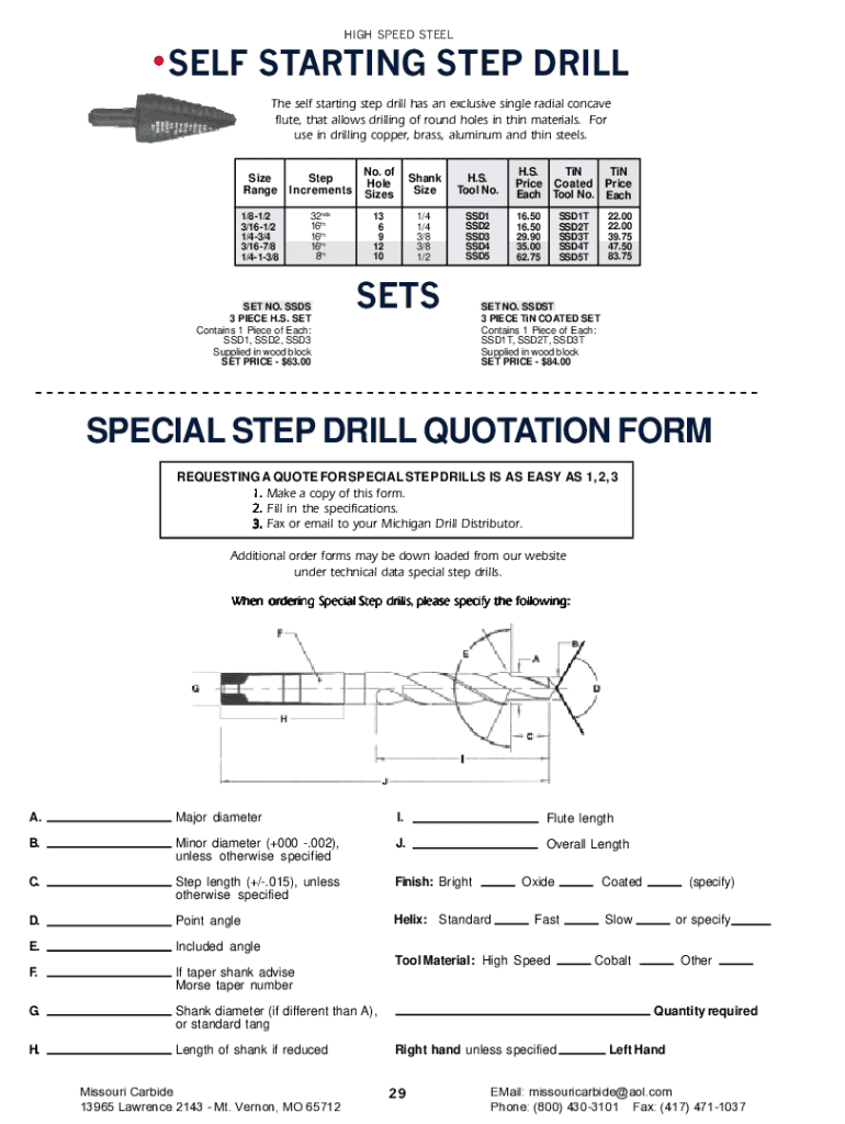 Fillable Online Self Starting Step Drill Special Step Drill Quotation Form Fax Email Print ...