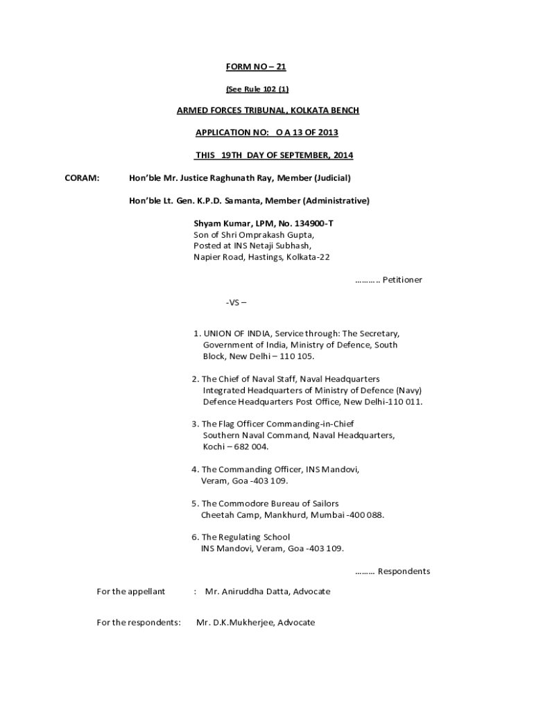 Fillable Online form no. 21 (see rule 102(1)) armed forces tribunal ...