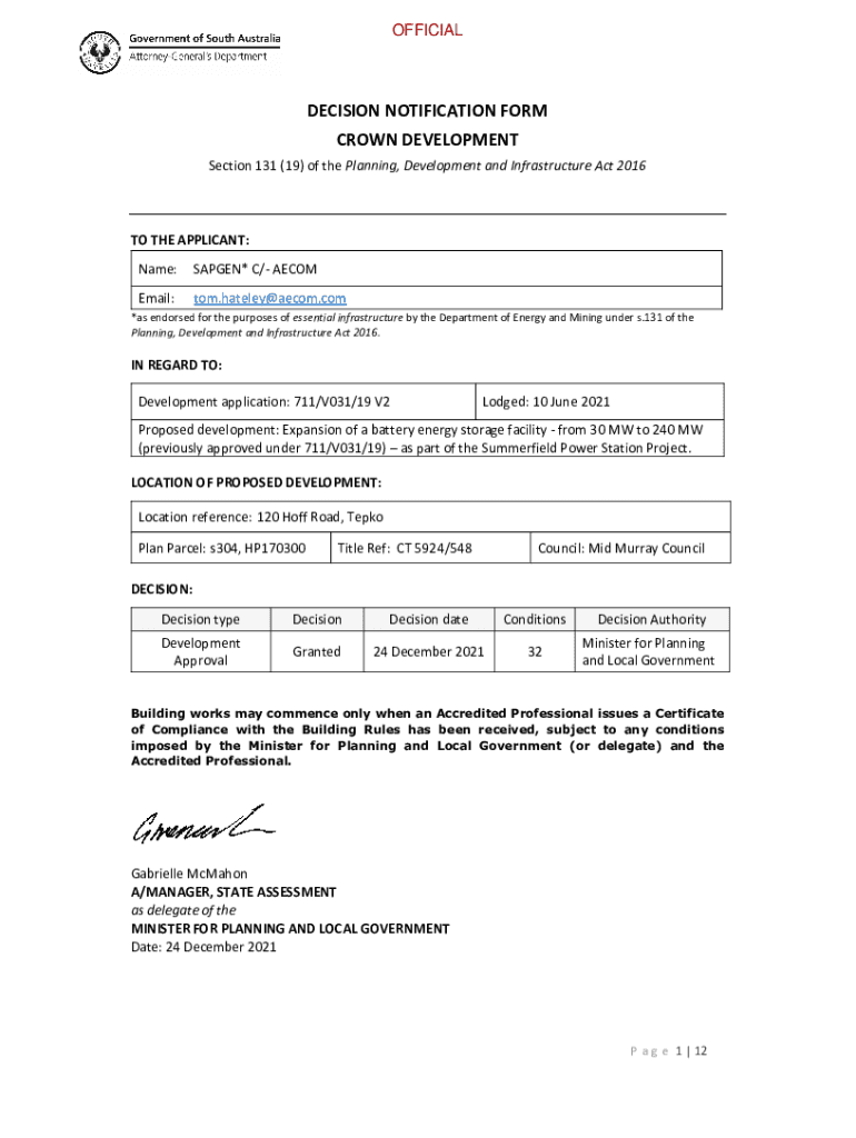 Fillable Online DECISION NOTIFICATION FORM CROWN DEVELOPMENT Fax Email Print - pdfFiller