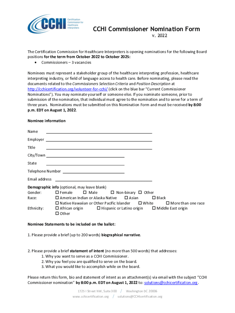 Fillable Online CCHI Commissioner Nomination Form Fax Email Print ...