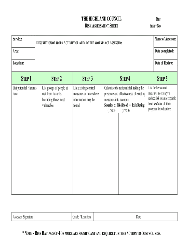 Fillable Online Risk Assessment Sheet. Health and Safety Fax Email ...