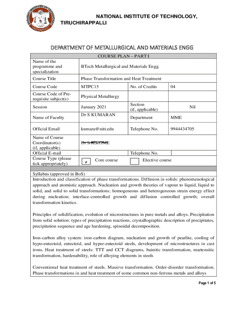 Fillable Online DEPARTMENT OF METALLURGICAL AND MATERIALS ENGG Fax ...