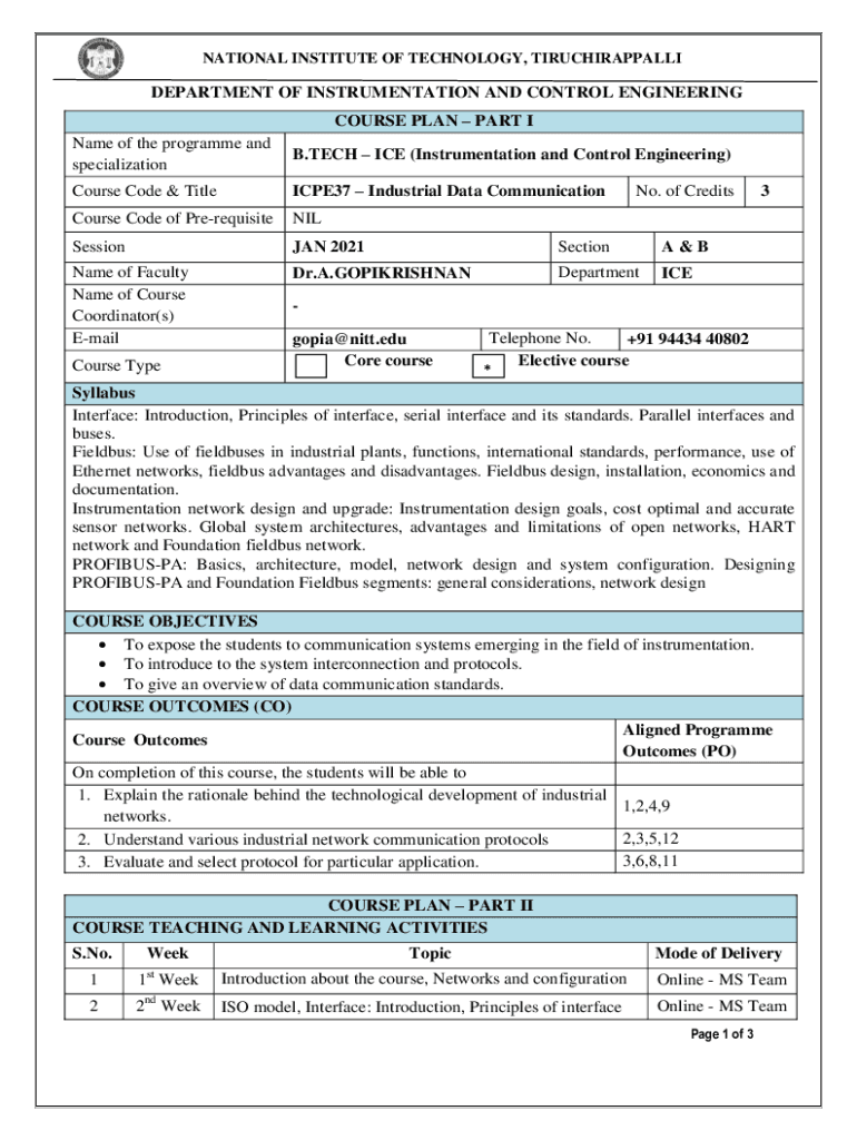 Fillable Online B.Tech Instrumentation and Control Engineering at NIT ...