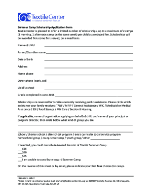 Fillable Online Summer Camp Scholarship Application Form Fax Email ...