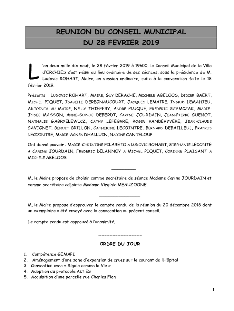 Remplissable En Ligne an deux mille dix-neuf, le 28 fvrier 2019 19h00, le Conseil Municipal de ...