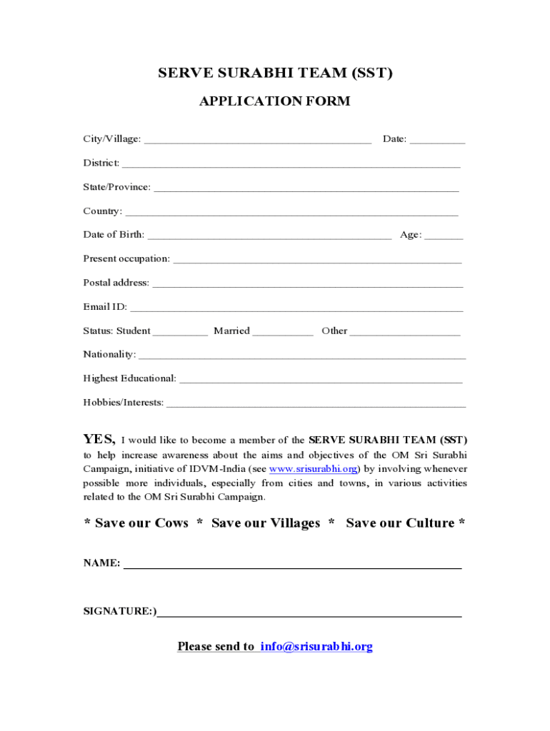 Fillable Online SERVE SURABHI TEAM-Application Form-Jan-2018.doc Fax Email Print - pdfFiller