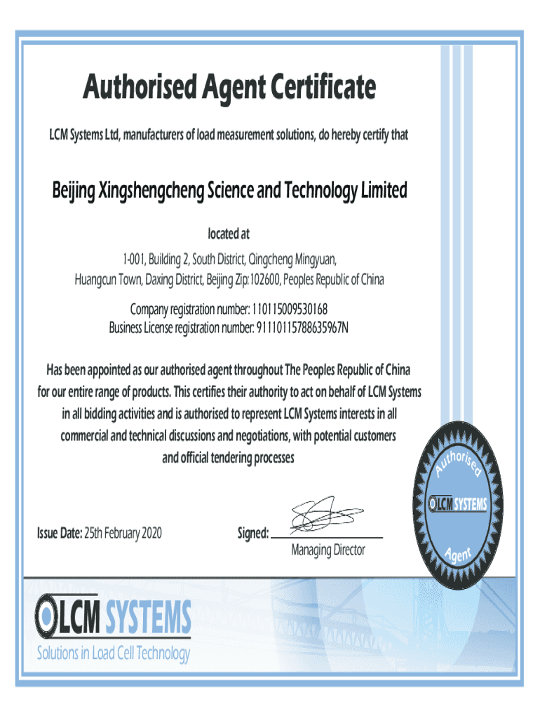Fillable Online Authorised Agents Certificate - Beijing Xingshengcheng Science and Technology ...