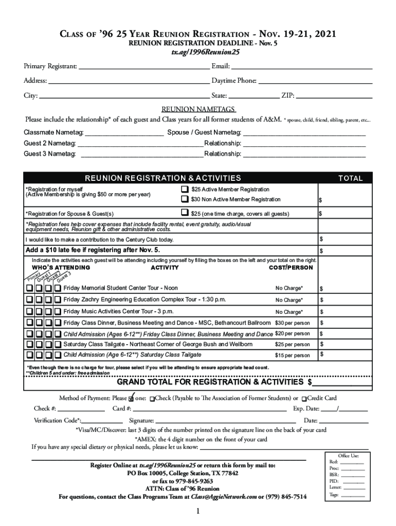 Fillable Online Class Reunion Form Template - Fill Online, Printable ...