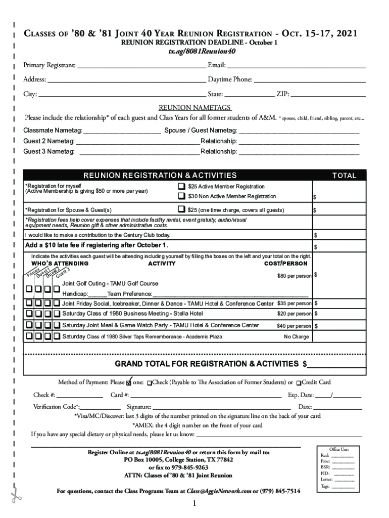 Fillable Online Classes of '80 & '81 Joint 40 Year reunion registration Fax Email Print - pdfFiller